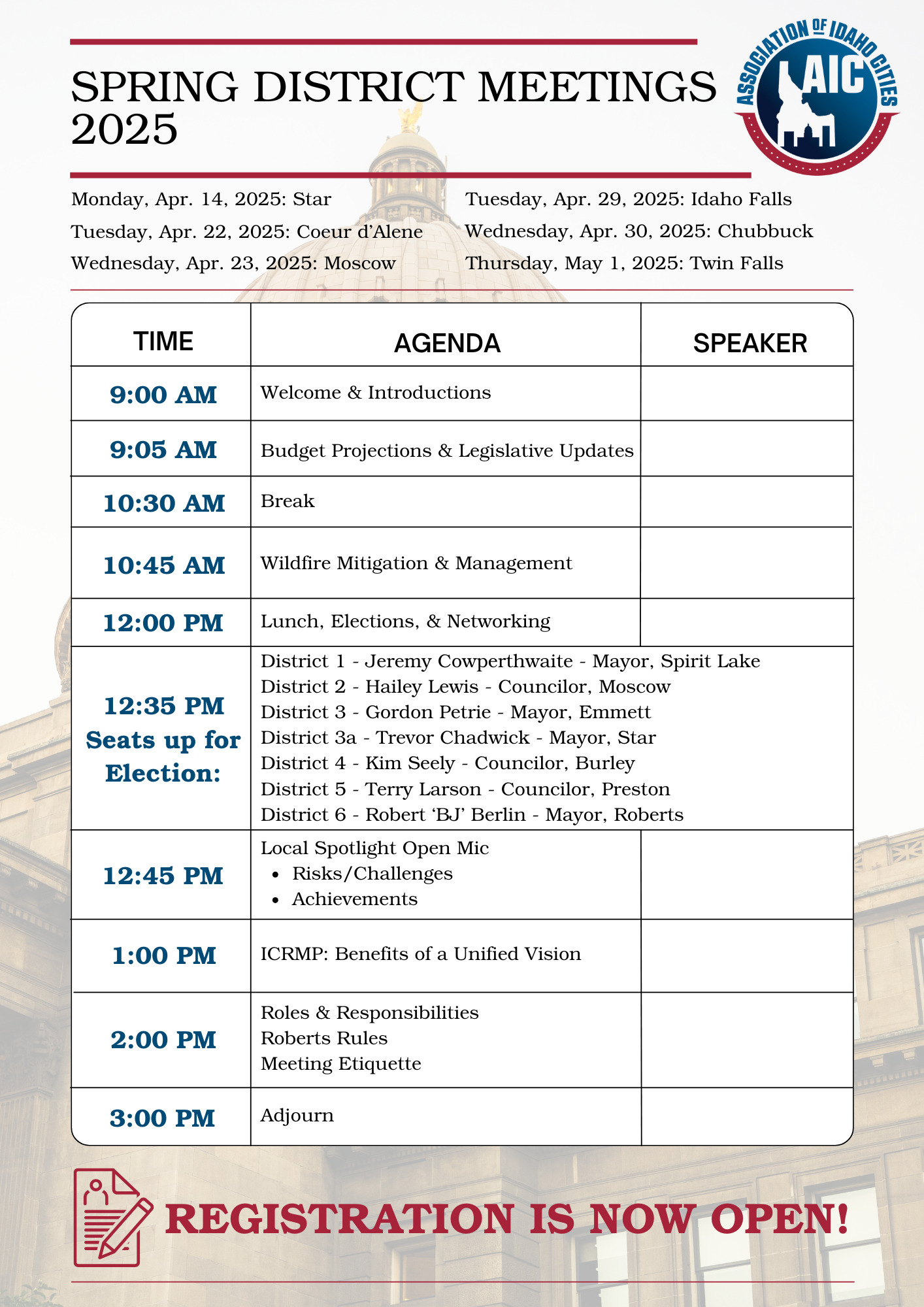 Spring District Meetings - Association of Idaho Cities