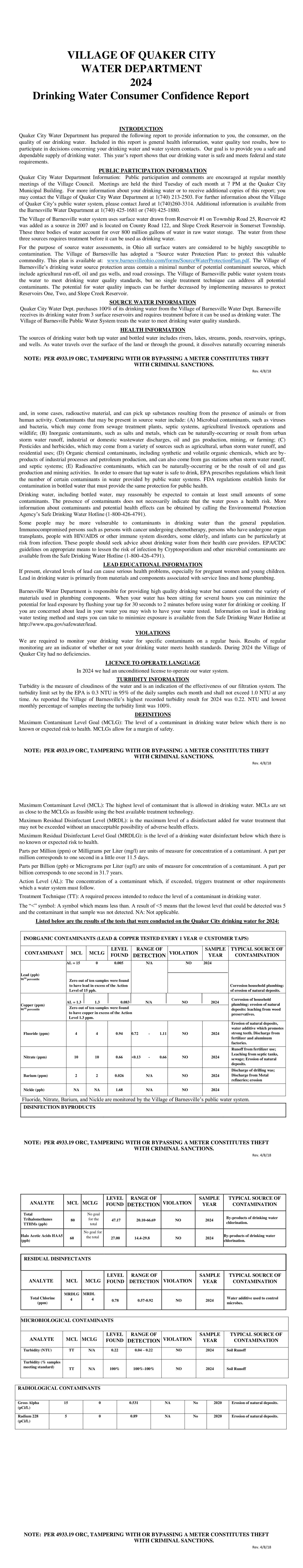 Village of Quaker City CCR - Ohio Rural Water Association