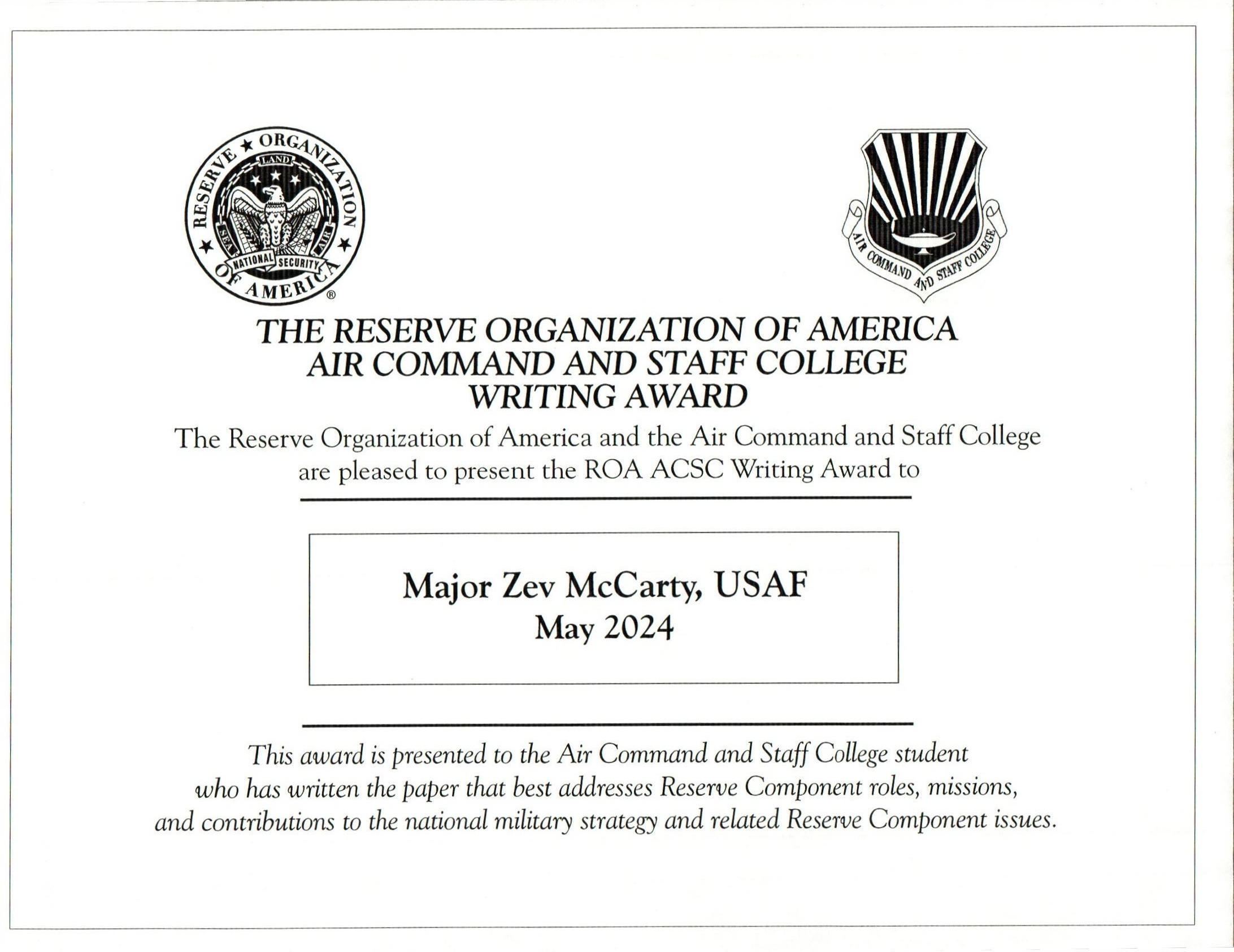 2024 ROA ACSC Writing Award presented to Maj. Zev McCarty, USAF - ROA