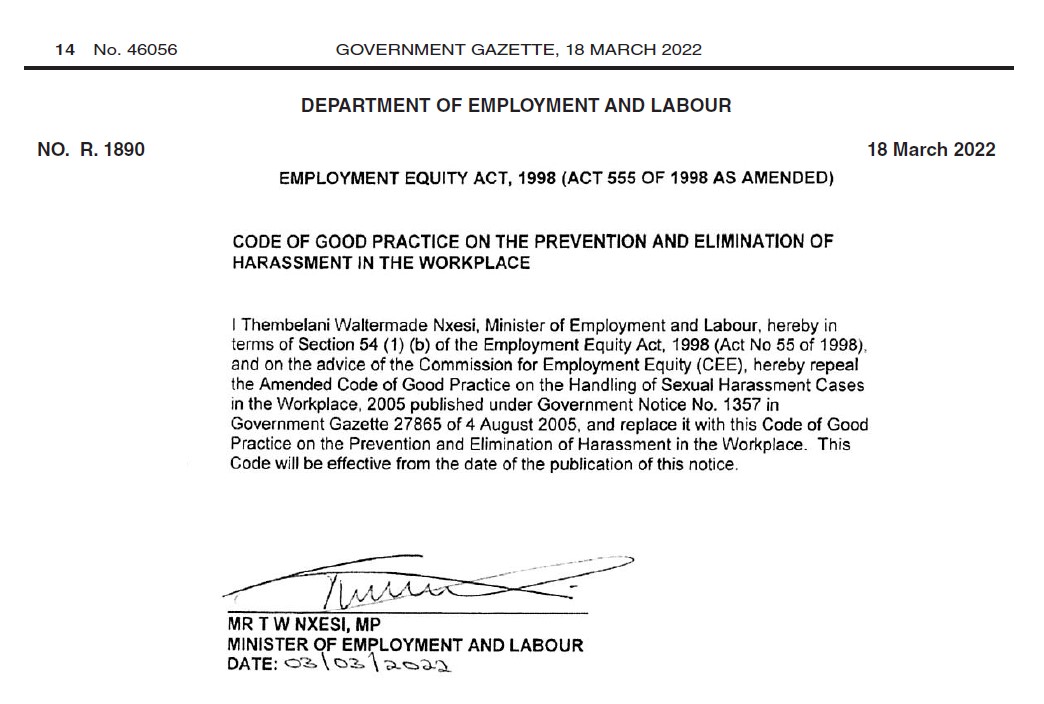 Code Of Good Practice On The Prevention And Elimination Of Harassment