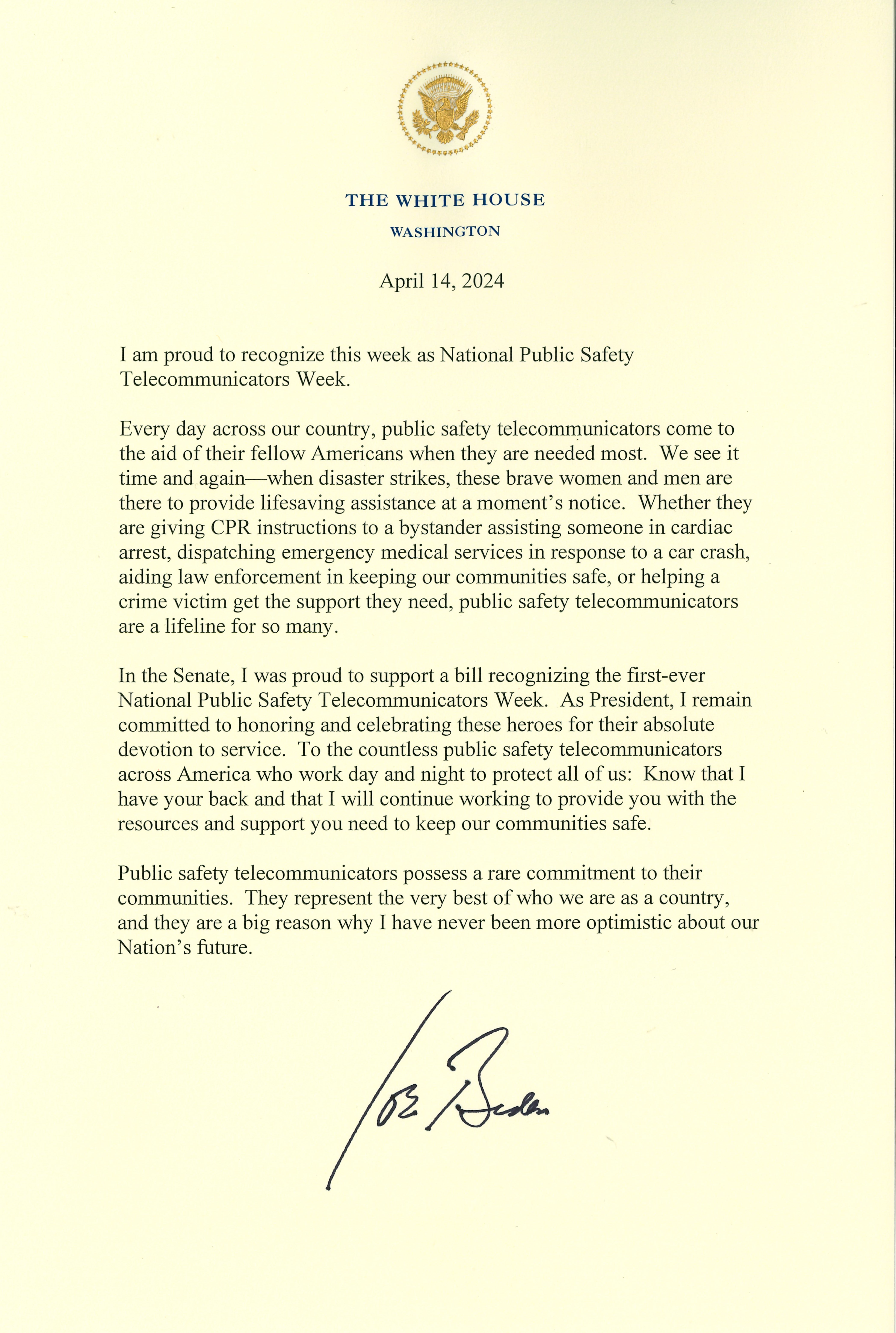 President Biden Recognizes TC Week - National Emergency Number Association