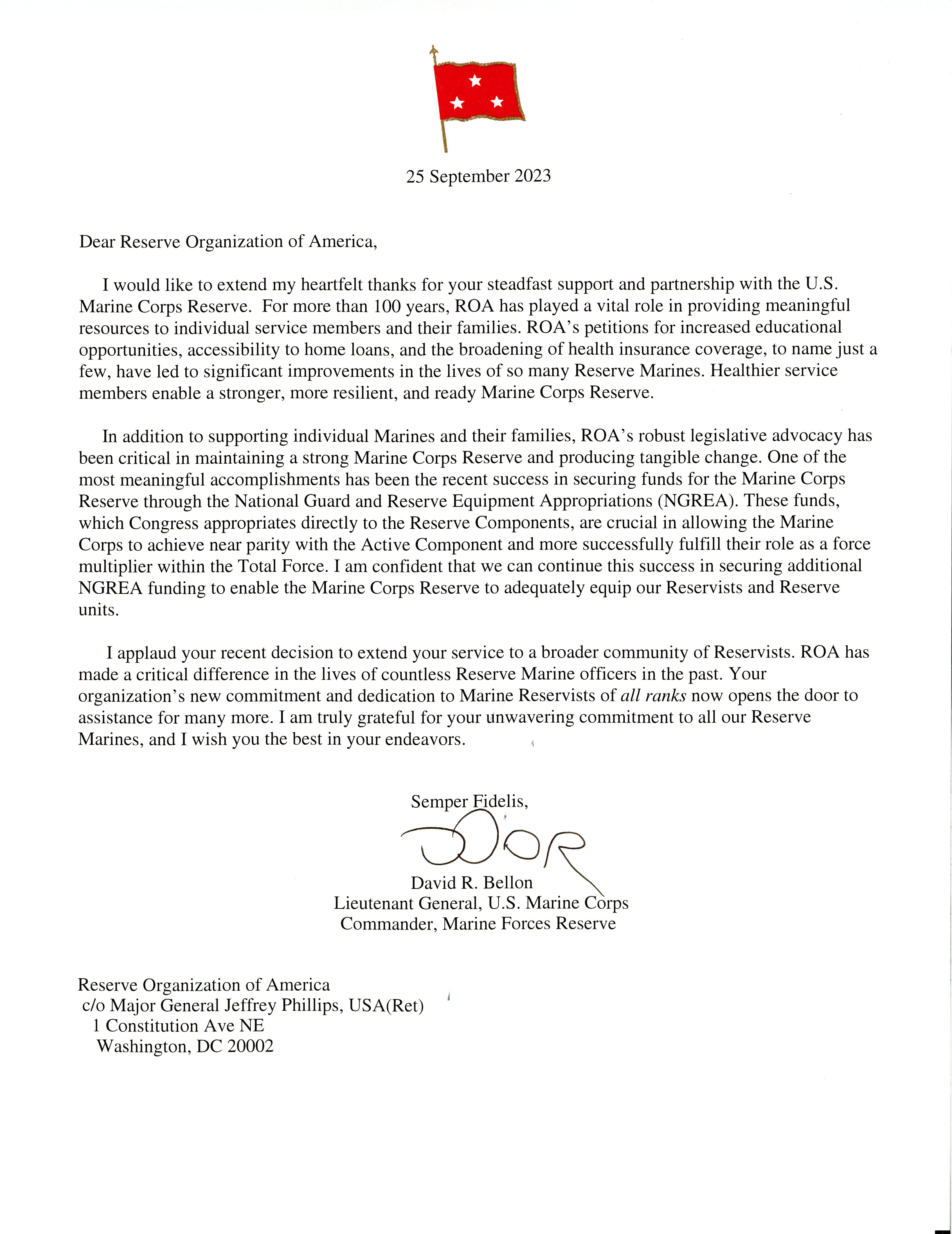 A special thanks to ROA from Lt. Gen. David G. Bellon, USMCR - ROA